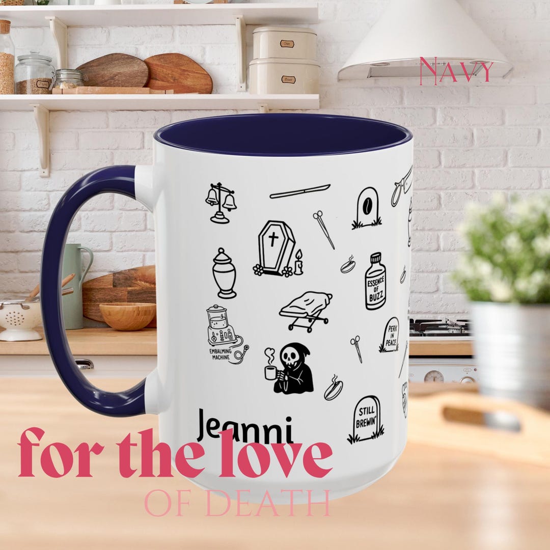 Funeral Home Coffee Mug, Goth Autopsy Doodle Cup With Embalming Tools ...