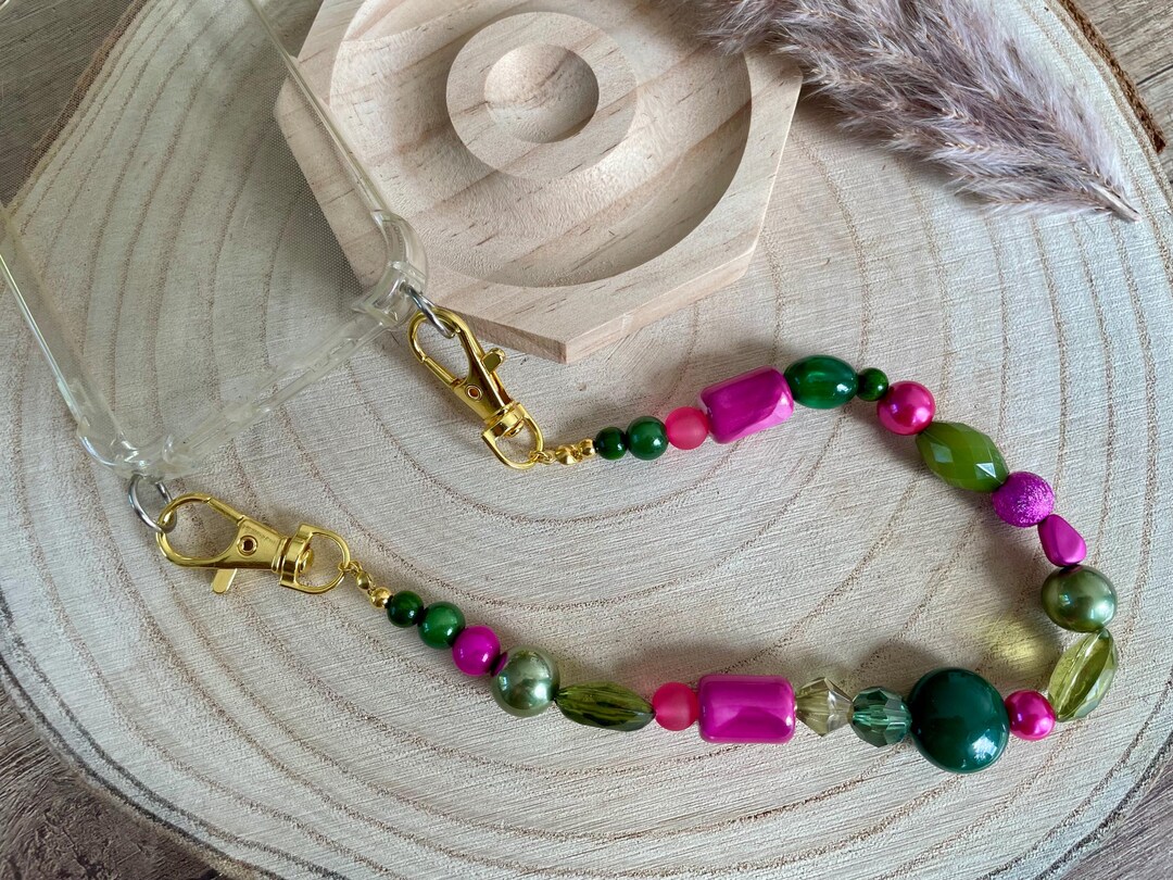 Chunky Cell Phone Chain Forest Green & Pink With Various Beads and ...
