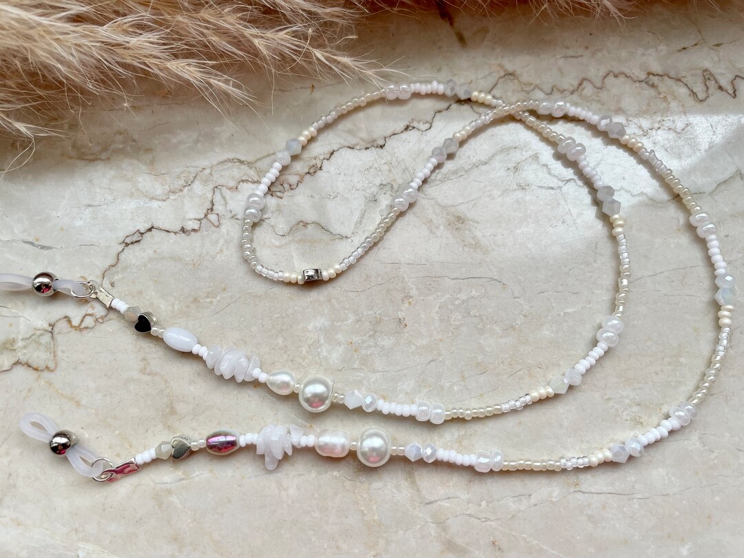 2in1 Glasses Chain & Headphone Chain White, Silver Glass Beads ...