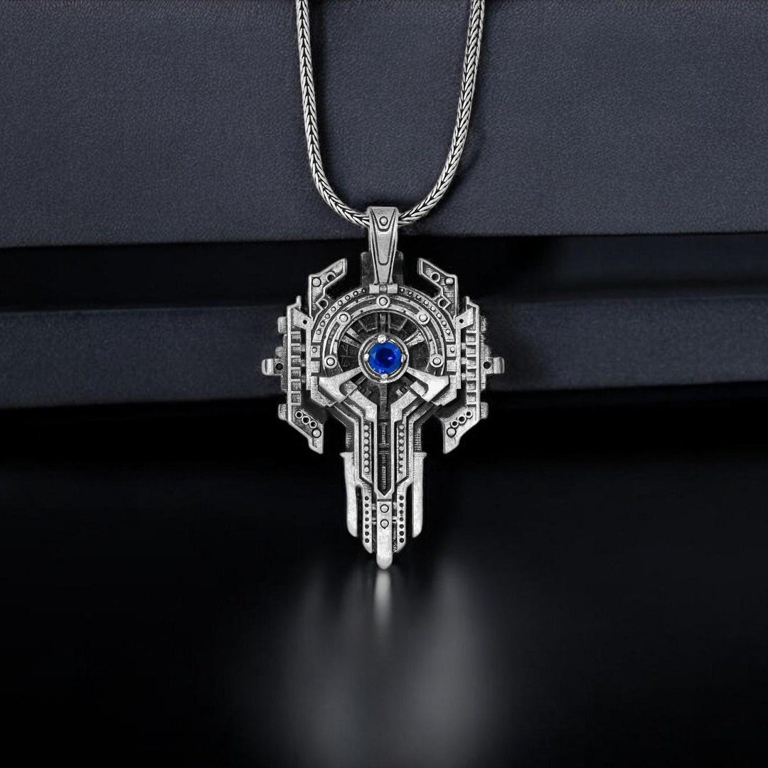Cyberpunk Sterling Silver Blue Gem Pendant Necklace, Futuristic Jewelry ...