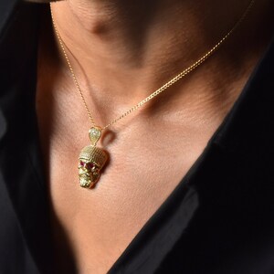 Skull Men Necklace in 14K Solid Gold With Ruby and CZ, Real Gold Gothic ...
