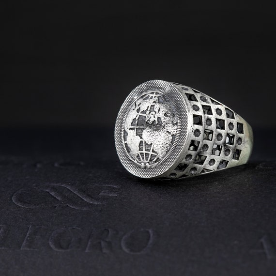 925 Sterling Silver Earth Ring Silver Signet World Map Ring - Etsy