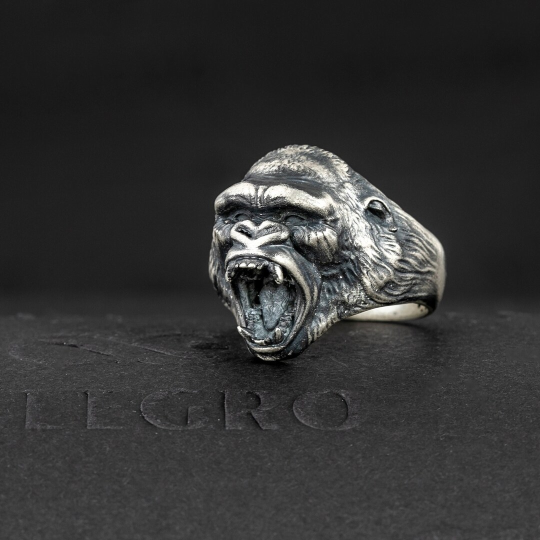 Gorilla Ring in Sterling Silver for Mens, Wild Angry Gorilla With Chain ...