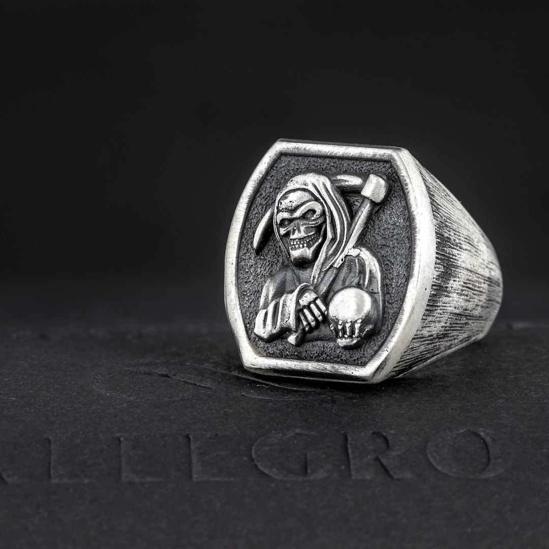 Grim Reaper Signet Ring for Men, Oxidized Gothic Skeleton Ring in ...