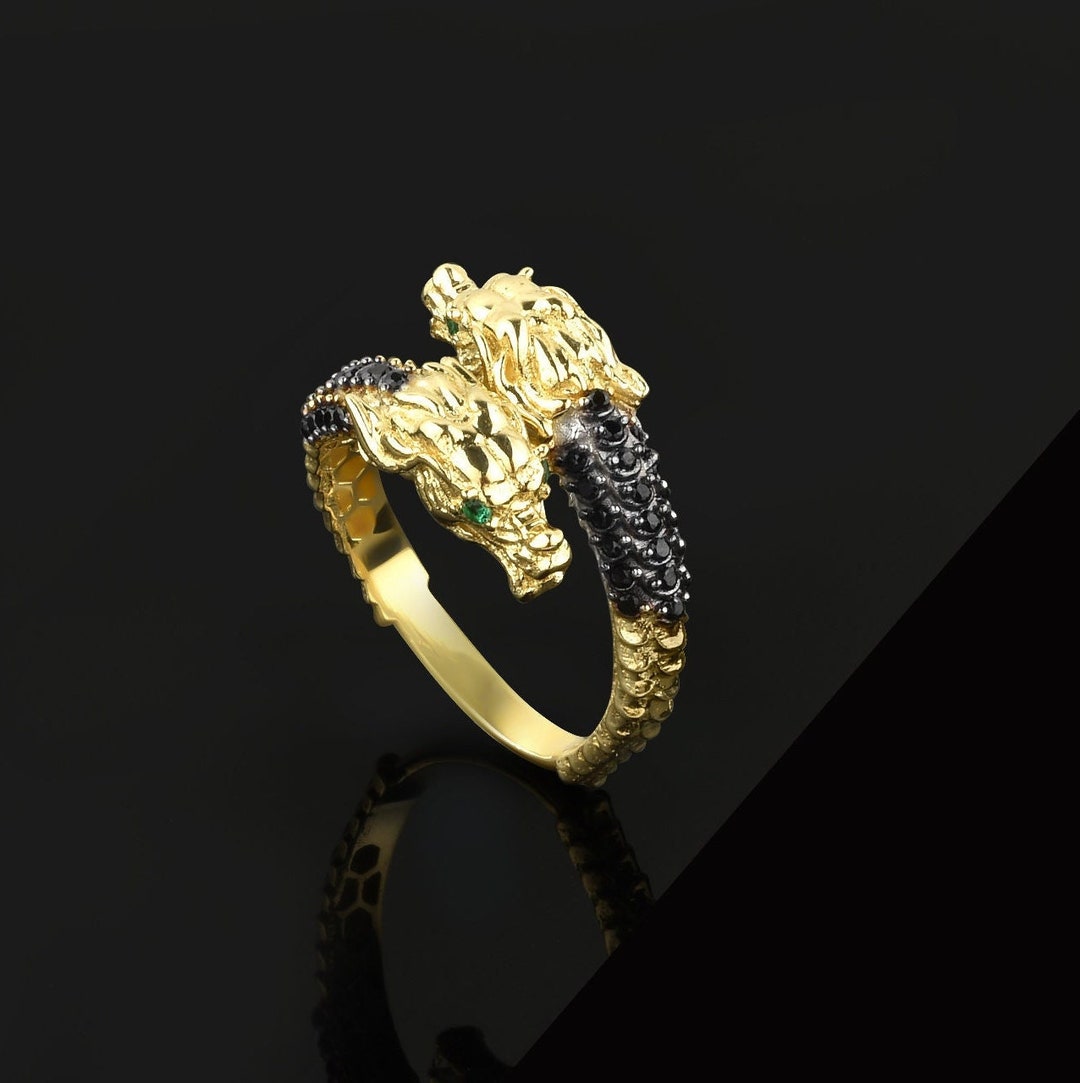 Snake Dragon Handmade 14K Solid Gold Men Adjustable Ring, Dragon ...