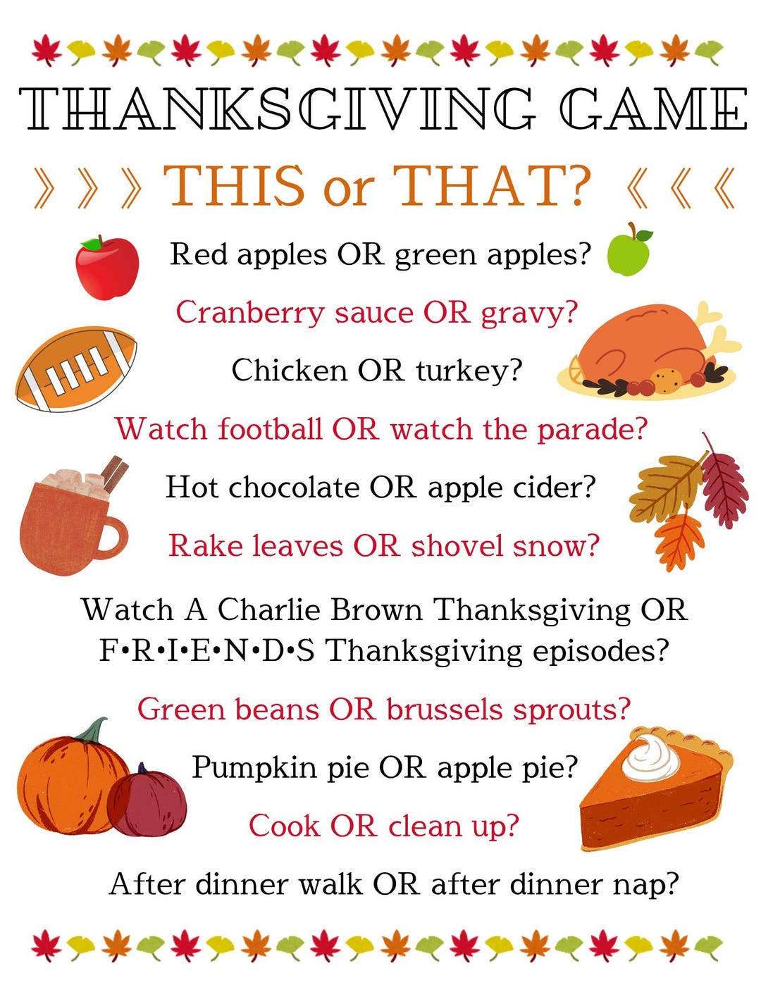 Thanksgiving Printable Game: This or That (would You Rather) - Etsy