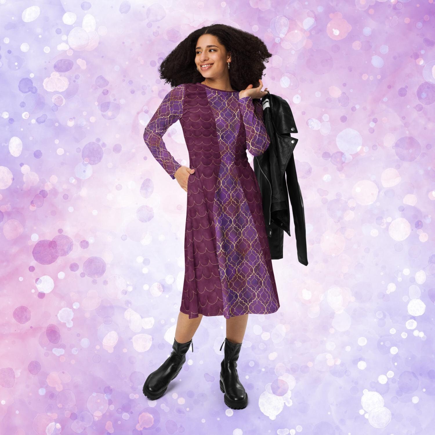 Dragon Scale Mermaid Dress Red Long Sleeve Mermaid Scale Midi Dress ...