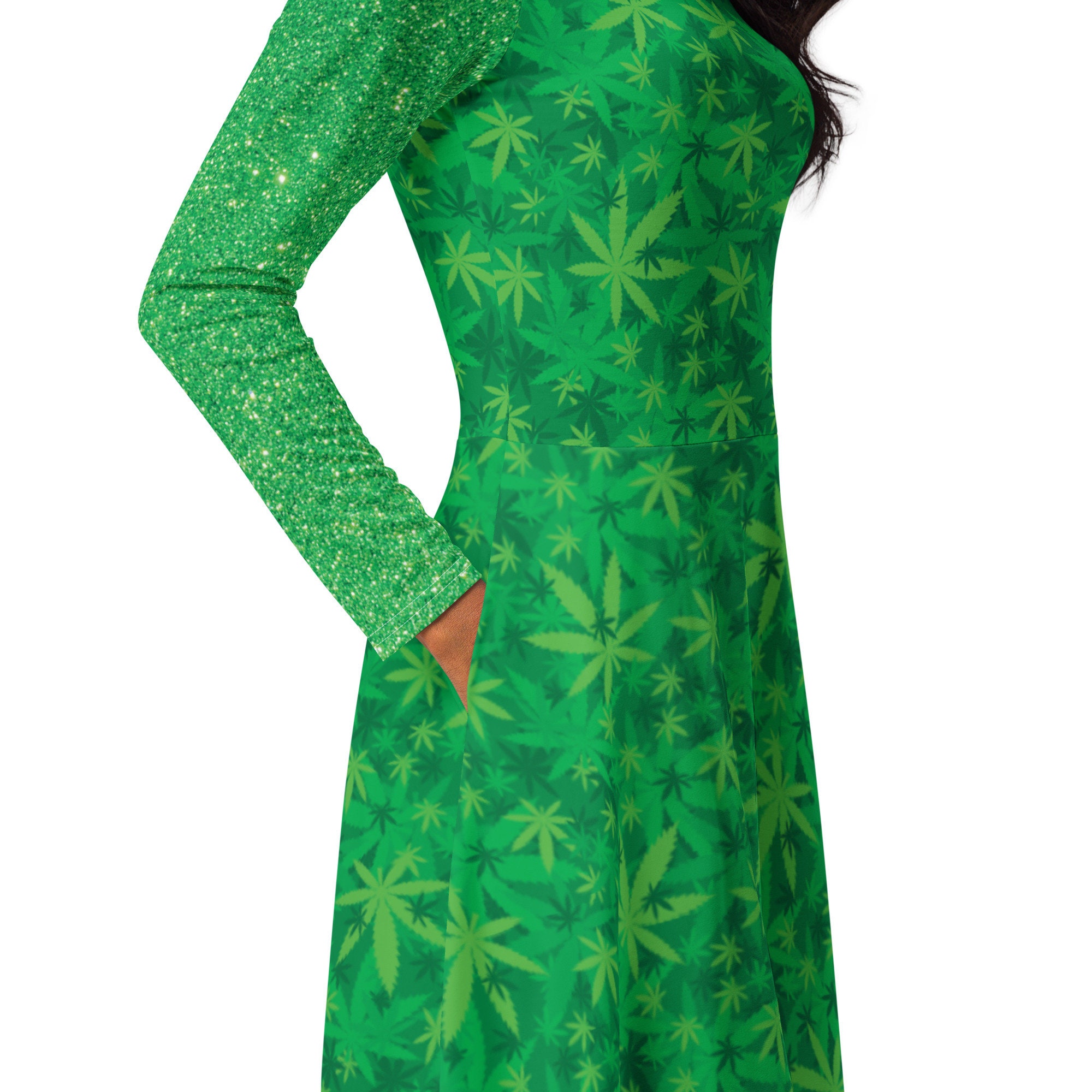 Green Sparkle Cannabis Dress Long Sleeve Pot Leaf Midi Dress Casual Glam Marijuana Sparkle Dress ...