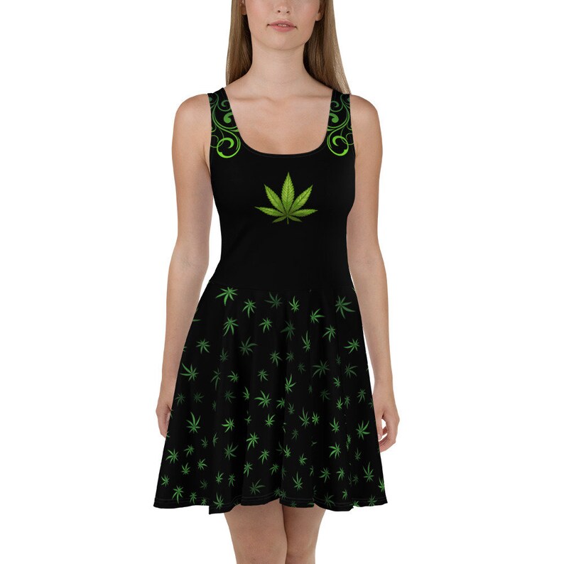 Black Cannabis Dress Green Swirl Pot Leaf Skater Dress Spring Stoner Outfit Girly Weed Dress ...