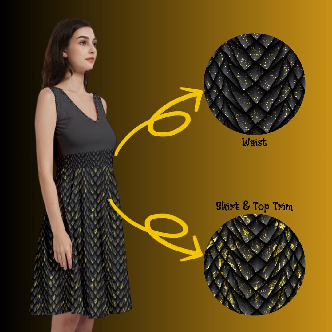 Black Dragon Scale Dress Gothic Animal Print Dress Elegant Gold Sparkle ...