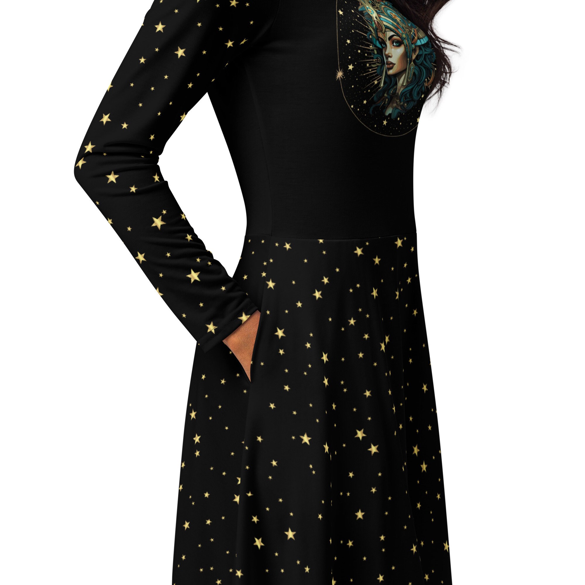 Star Goddess Celestial Dress Long Sleeve Black Gold Star Midi Dress ...