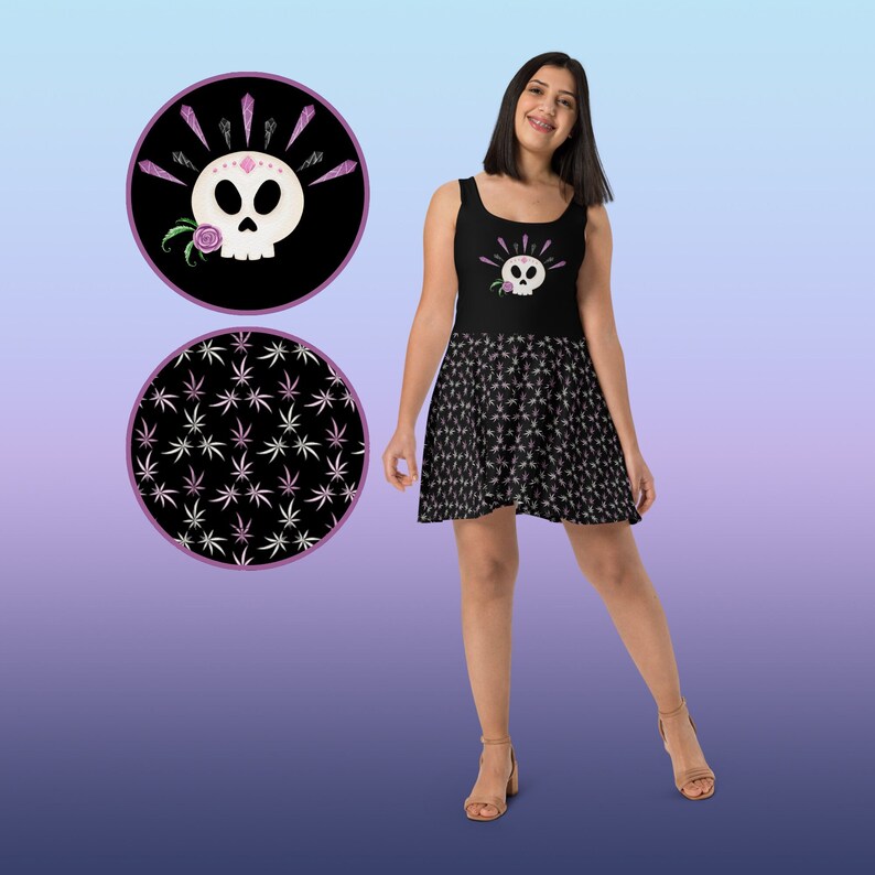 Cannabis Skull Dress Black Skull Pot Leaf Skater Dress Goth Style ...