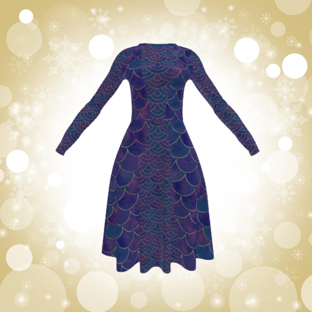 Purple Mermaid Scale Dress Blue Long Sleeve Underwater Fantasy Midi ...