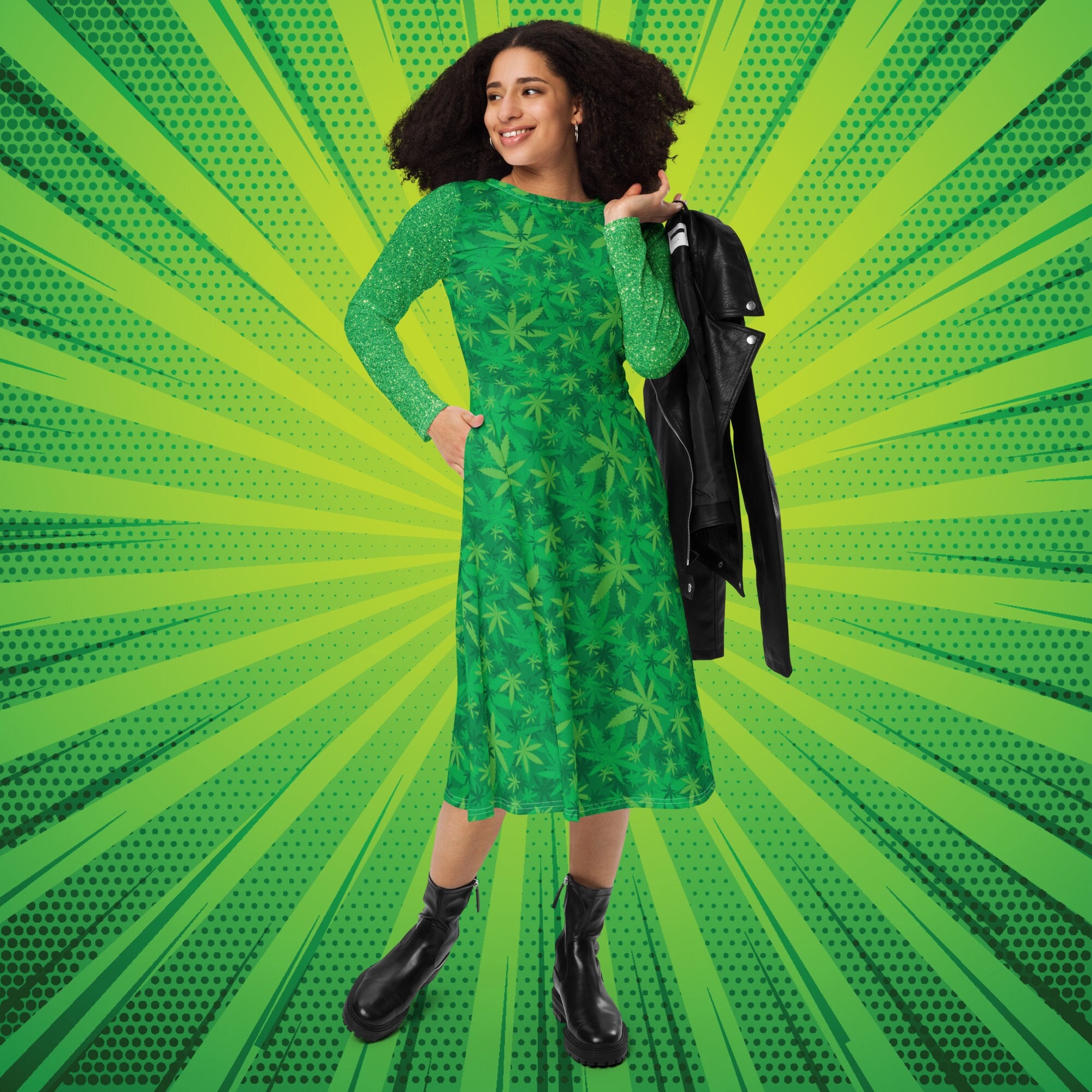 Green Cannabis Sparkle Dress Long Sleeve Marijuana Midi Dress - Etsy