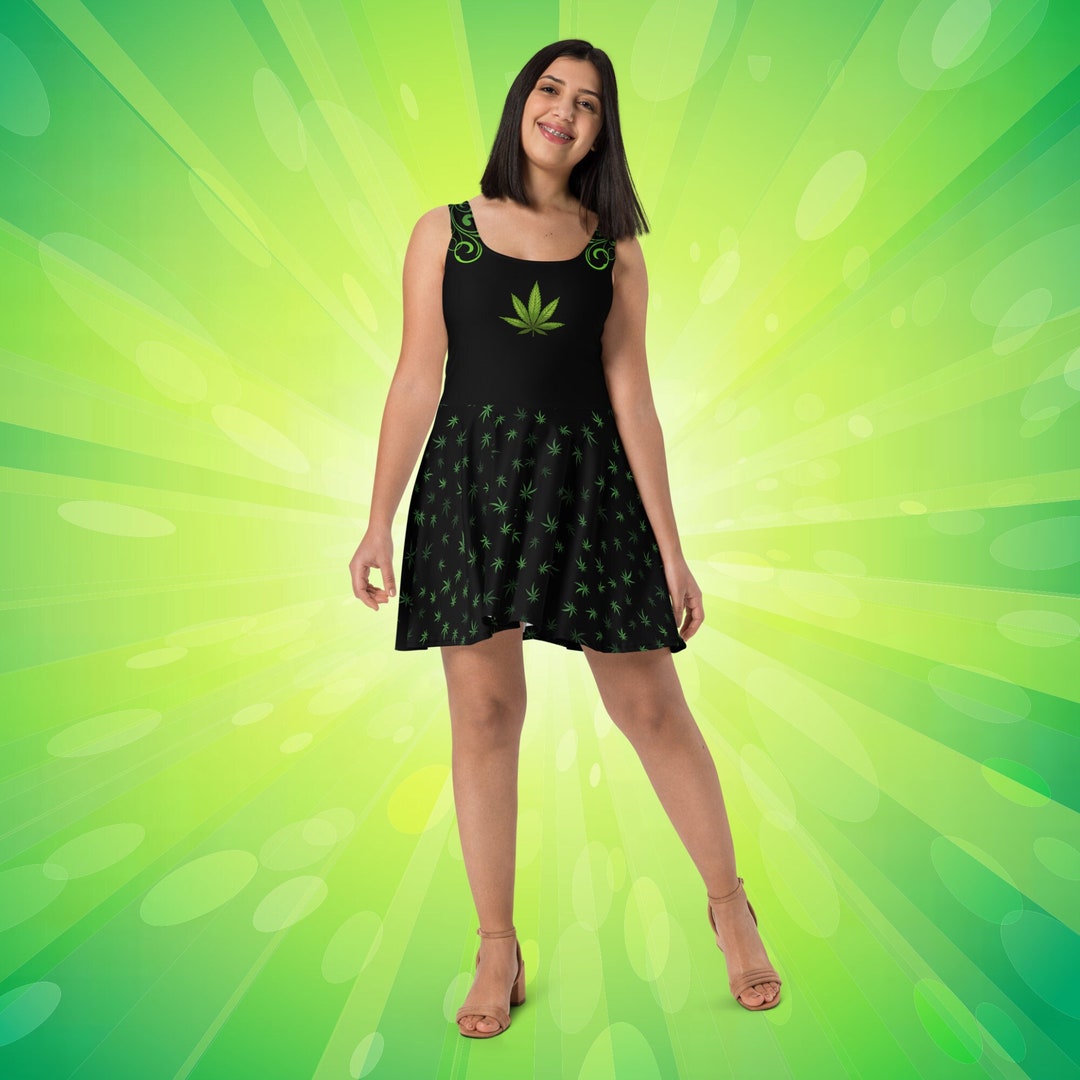 Black Cannabis Dress Green Swirl Pot Leaf Skater Dress Spring Stoner Outfit Girly Weed Dress ...