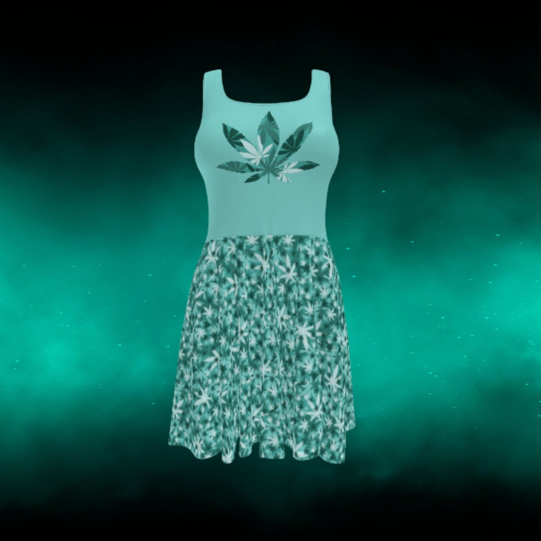 Sea Green Cannabis Dress Blue Marajuana Leaf Skater Dress Girly 420 ...