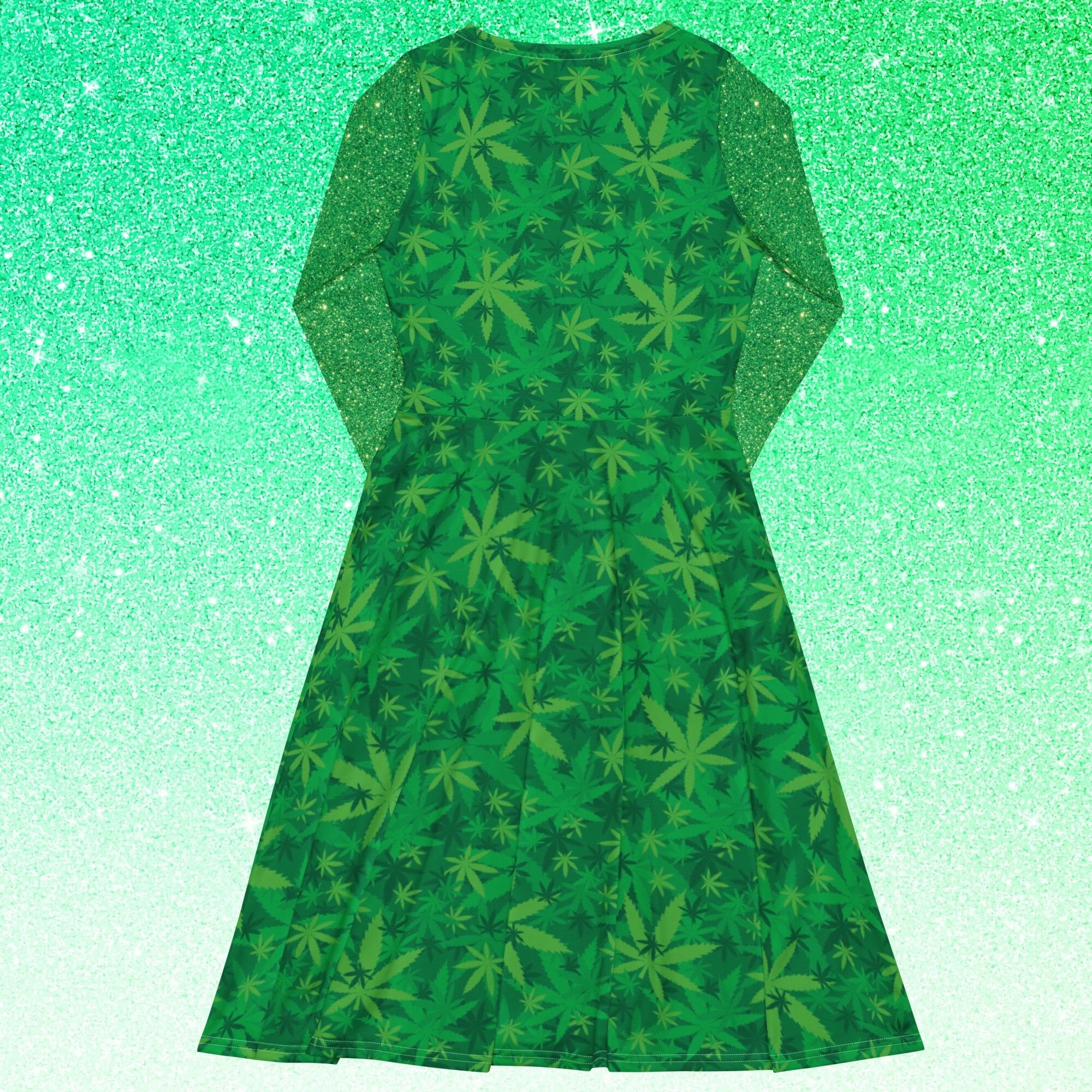 Green Cannabis Sparkle Dress Long Sleeve Marijuana Midi Dress - Etsy