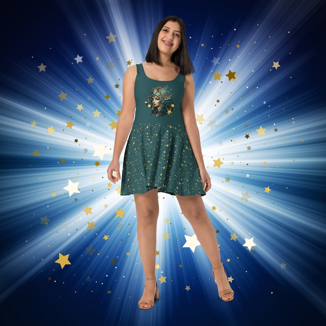 Gold Star Celestial Dress Green Cosmic Star Goddess Skater Dress Unique ...