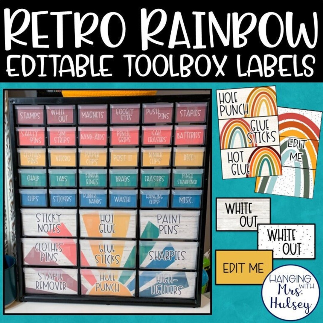 Retro Rainbow Teacher Toolbox Labels - Rainbow Class Decor - Retro ...