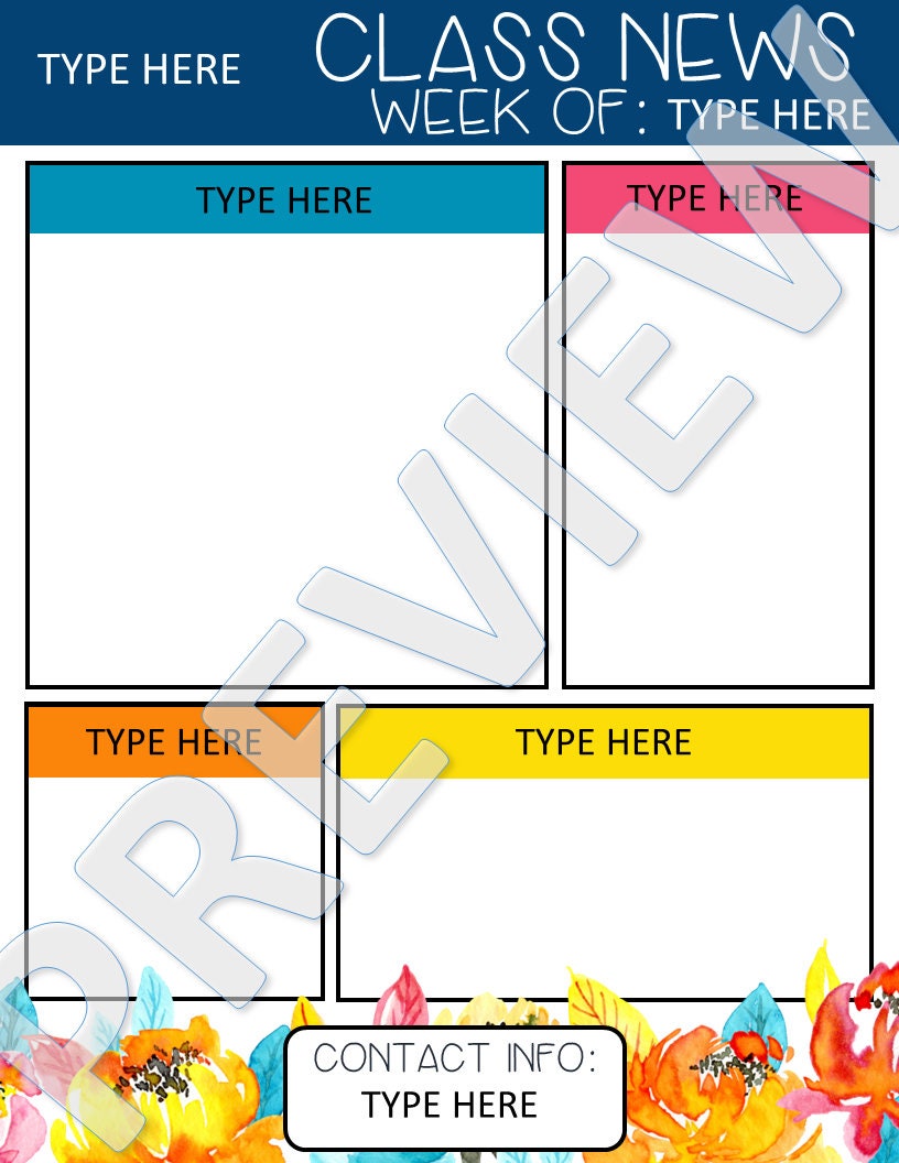Bright Floral Class Newsletter Templates - Etsy
