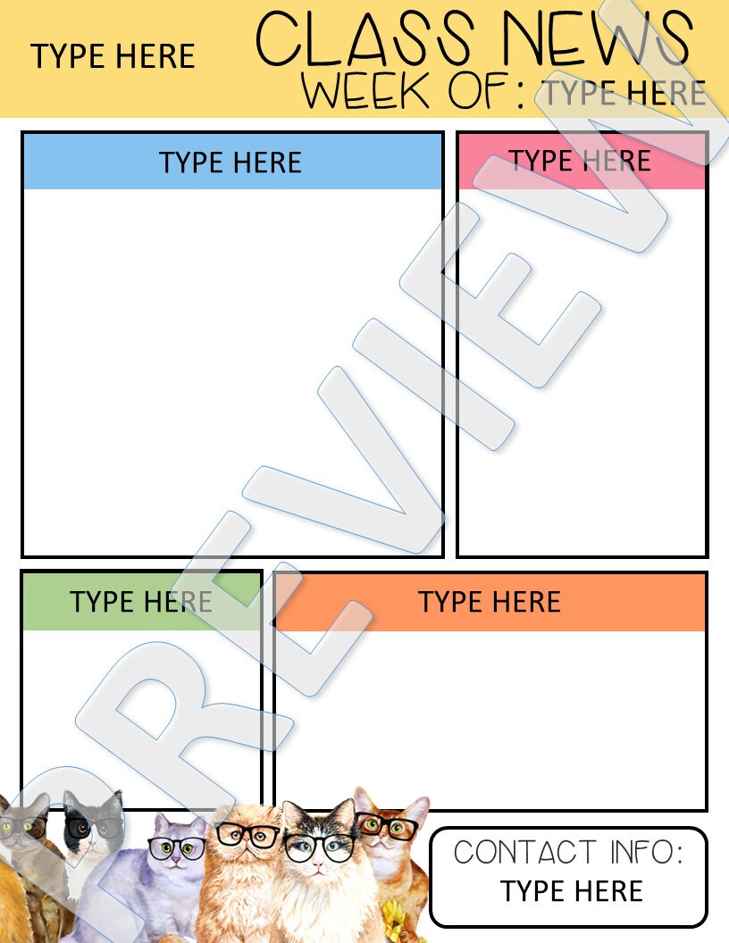 Hipster Cat Class Newsletter Templates - Etsy