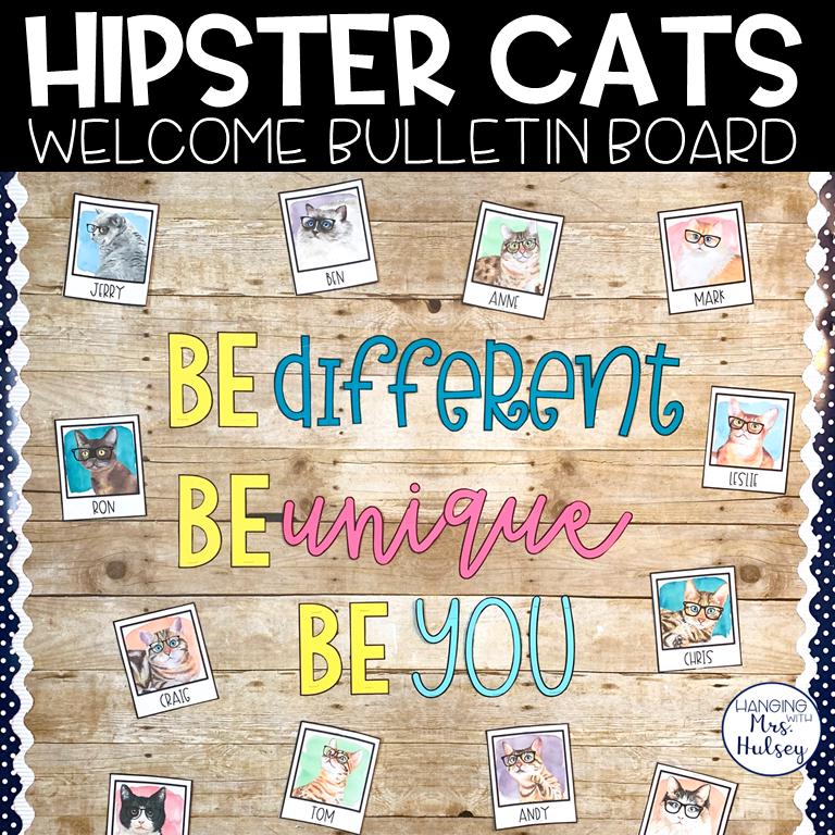 Hipster Cat Welcome Back to School Bulletin Board - Cat Classroom - Cat ...