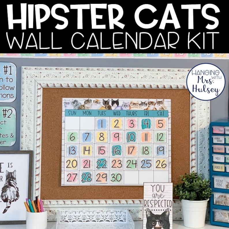 Hipster Cats Classroom Calendar: Large Wall Calendar (editable ...
