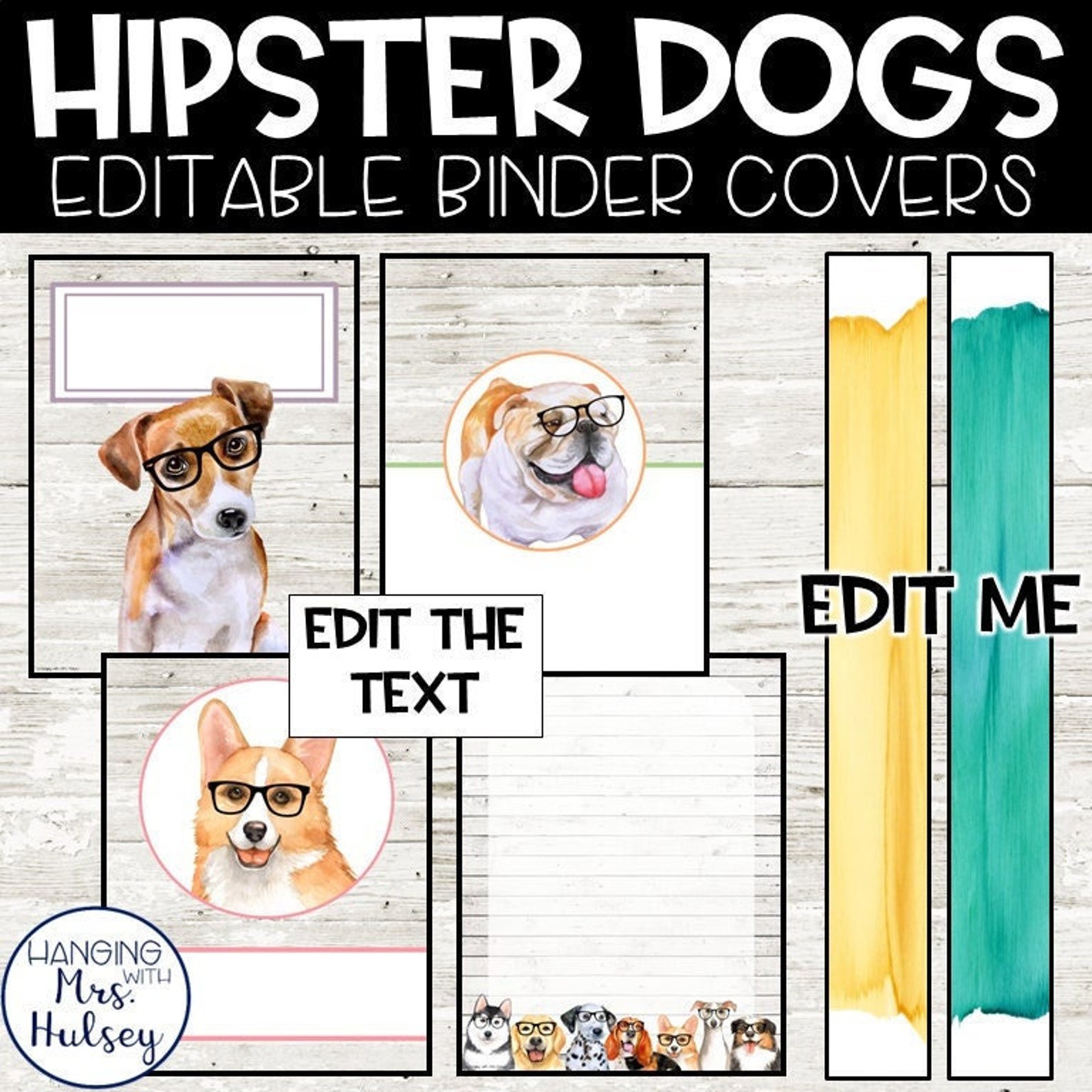 Hipster Dogs Binder Covers: Watercolor Dog Classroom Decor (editable ...