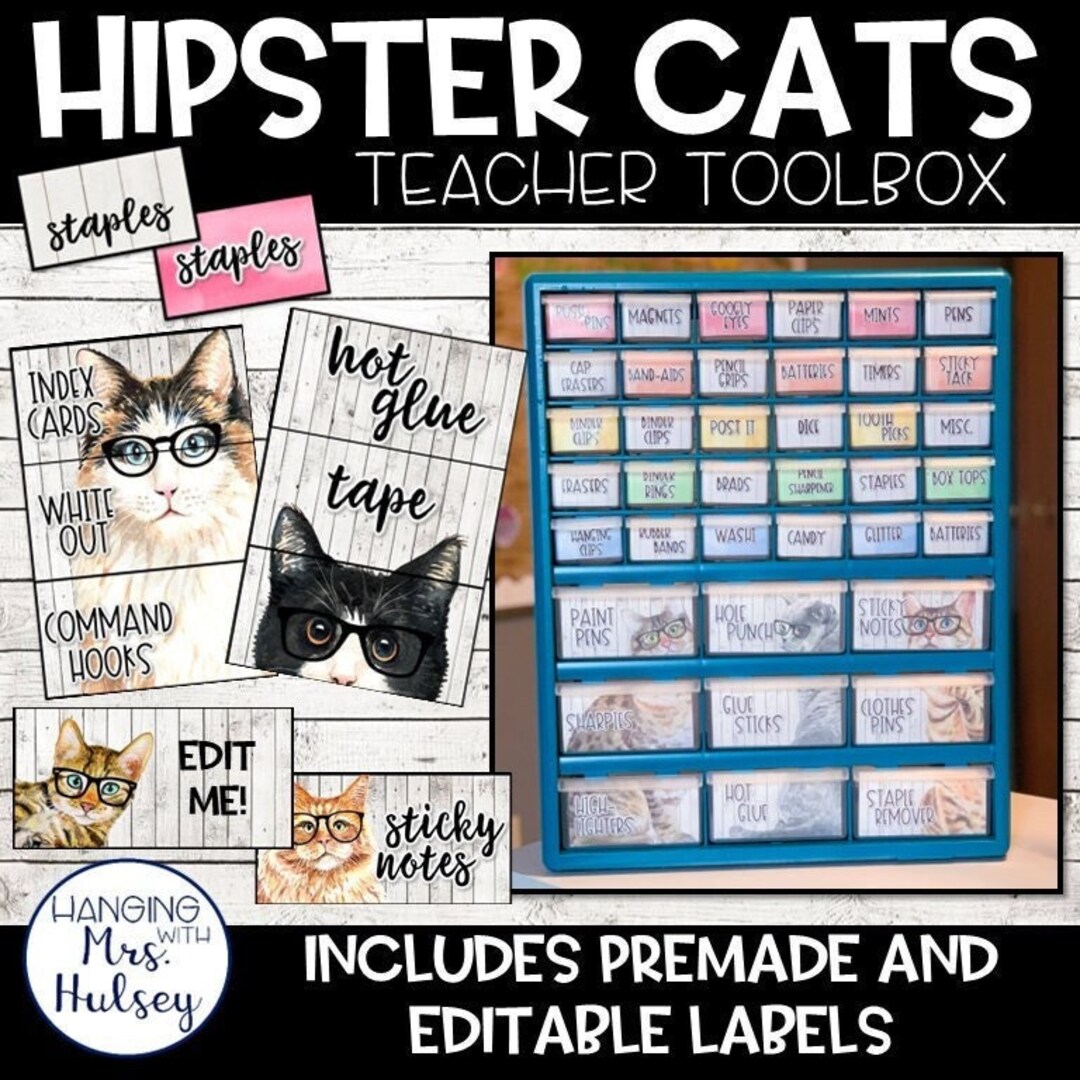 Hipster Cats Teacher Toolbox Labels - Cat Class Decor - Cat Decor - Cat ...