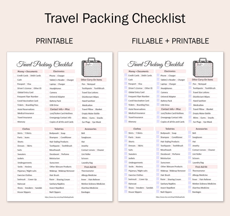 Pink Fillable Travel Planner Digital Printable, Travel Packing ...