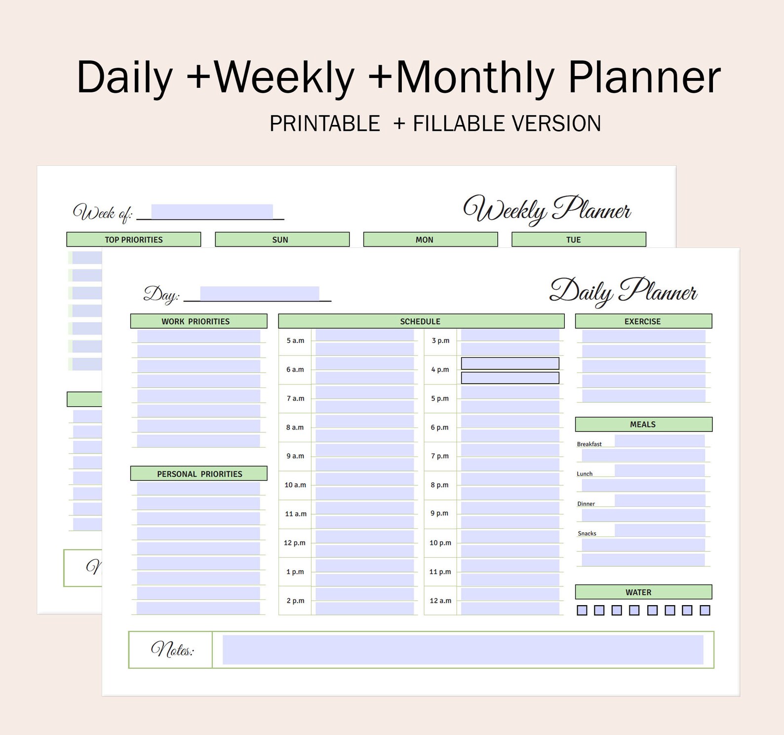 Green Daily, Weekly, Monthly Planner, Printable, Fillable, Blank Sunday ...