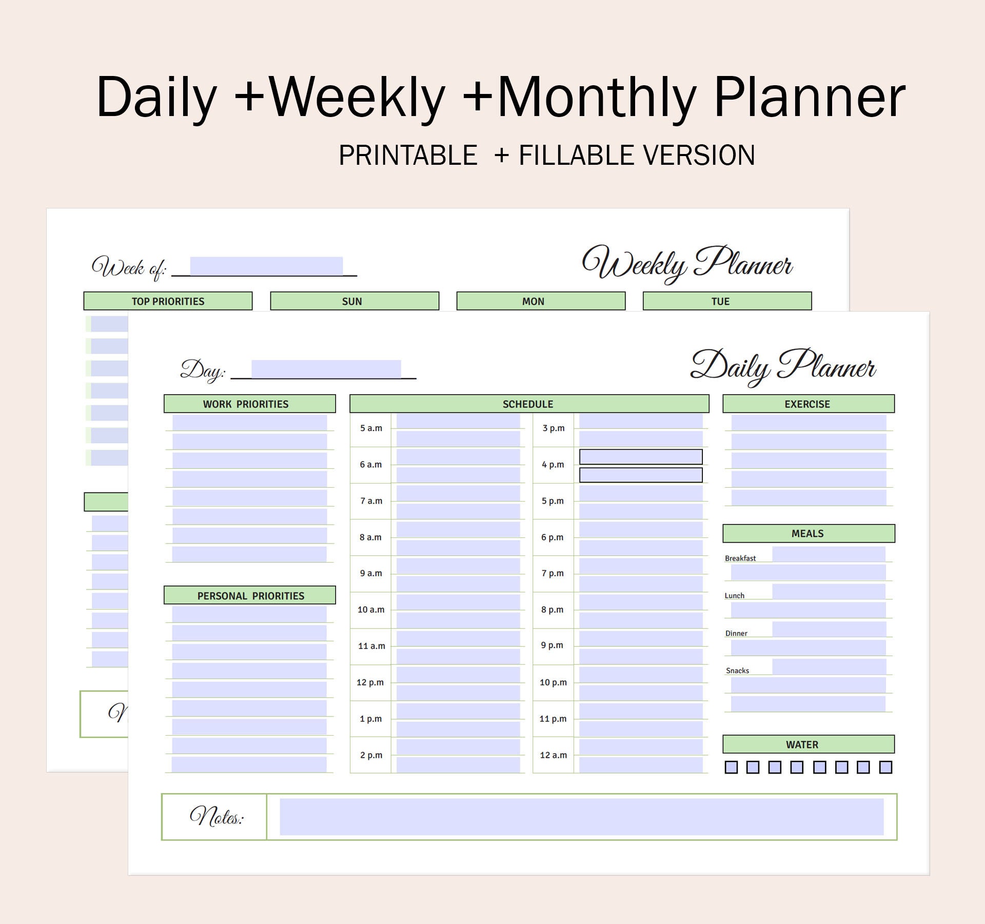 Green Daily, Weekly, Monthly Planner, Printable, Fillable, Blank Sunday ...