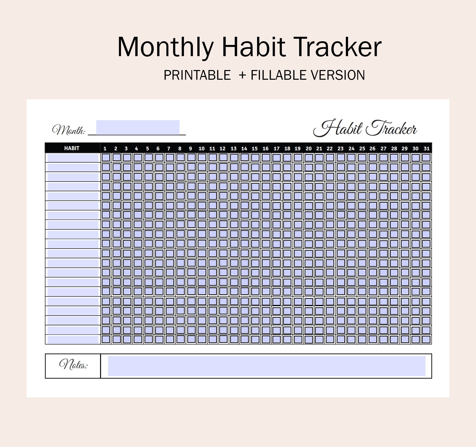 Black Monthly Habit Tracker Digital Planner, Printable, Fillable, Blank ...