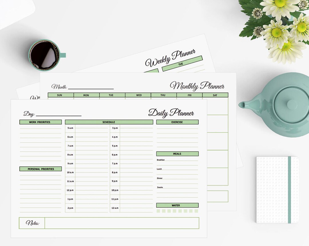 Green Daily, Weekly, Monthly Planner, Printable, Fillable, Blank Sunday ...