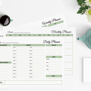 Green Daily, Weekly, Monthly Planner, Printable, Fillable, Blank Sunday ...