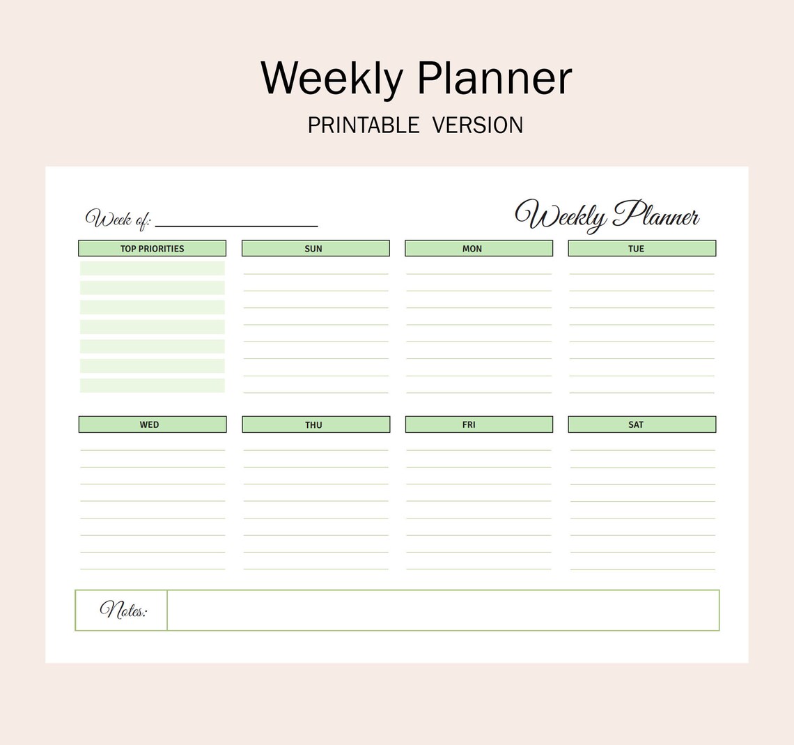 Green Daily, Weekly, Monthly Planner, Printable, Fillable, Blank Sunday ...