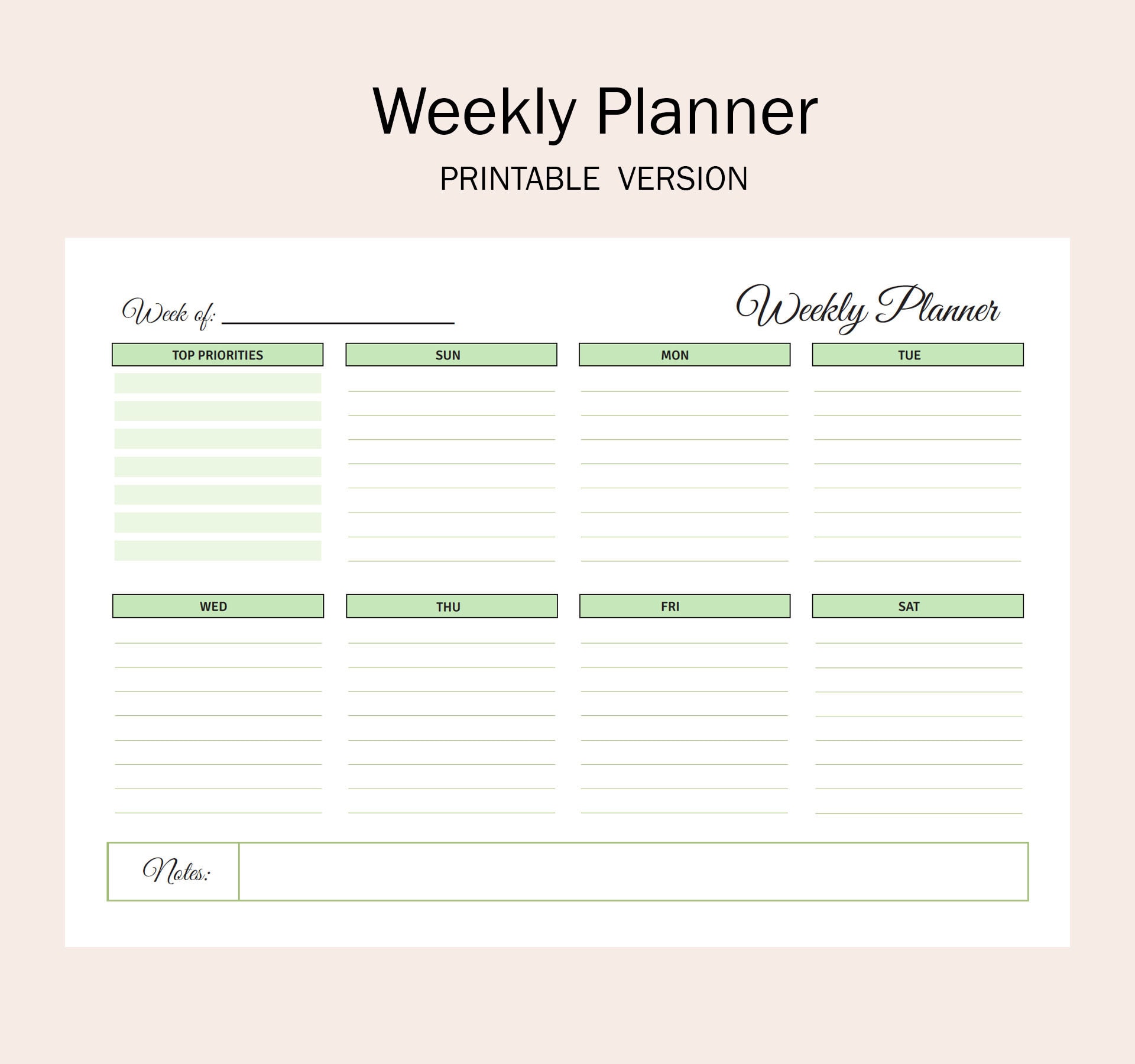 Green Daily, Weekly, Monthly Planner, Printable, Fillable, Blank Sunday ...