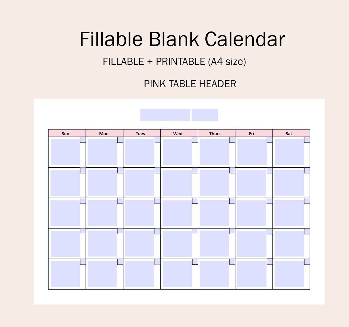 Fillable Editable Blank Monthly Calendar Printable, Landscape Layout ...