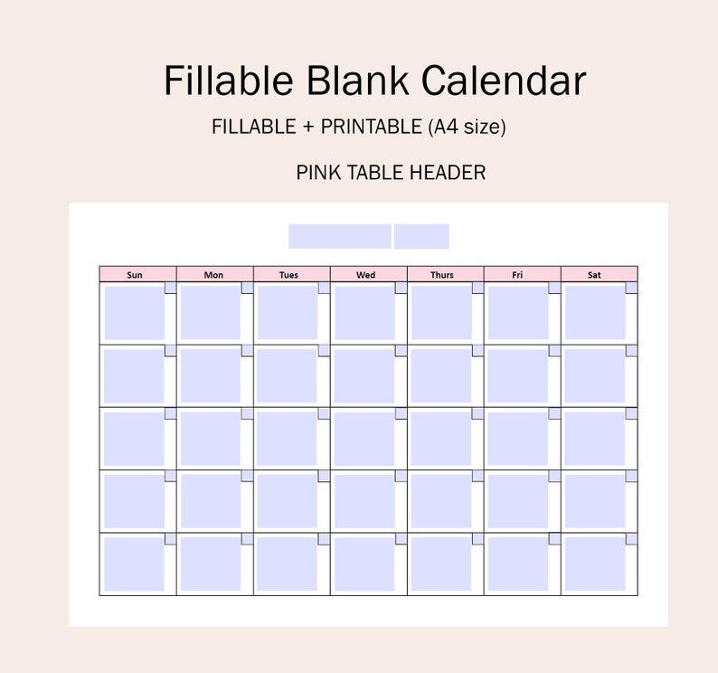 Fillable Editable Blank Monthly Calendar Printable, Landscape Layout ...