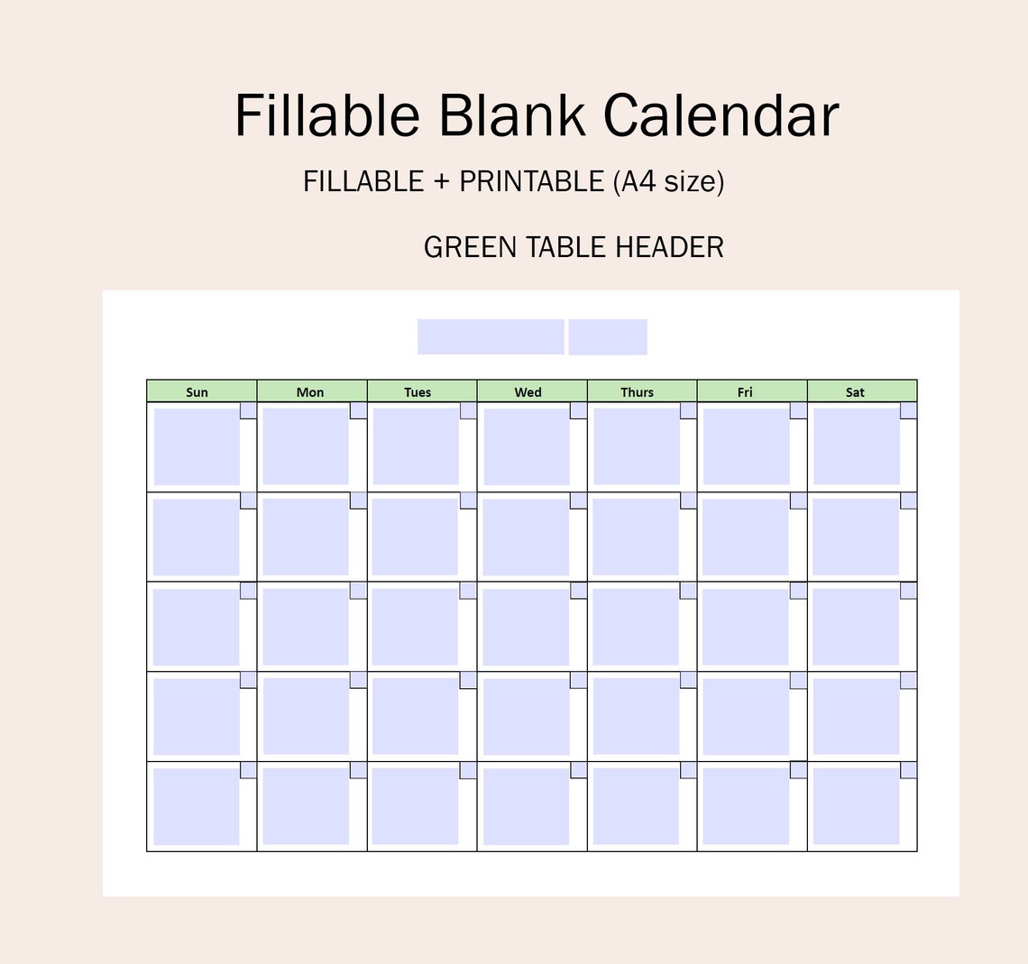Fillable Editable Blank Monthly Calendar Printable, Landscape Layout ...