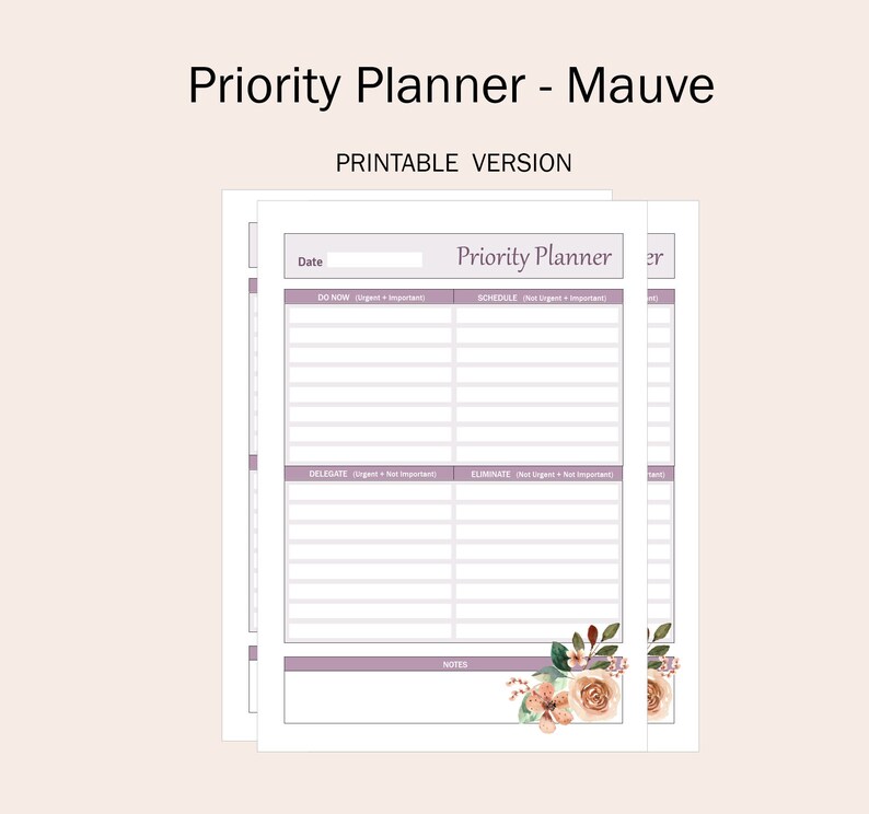 Mauve Fillable Eisenhower Matrix Priority Digital Planner, Printable ...