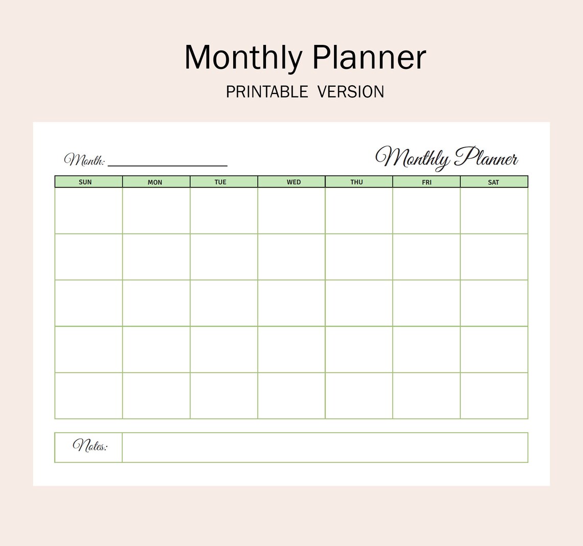 Green Daily, Weekly, Monthly Planner, Printable, Fillable, Blank Sunday ...