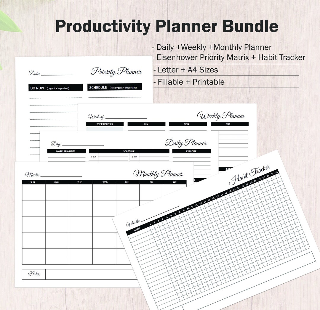 Productivity Planner Bundle Fillable and Printable Black, Eisenhower ...