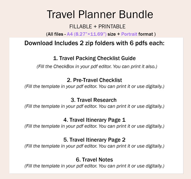 Pink Fillable Travel Planner Digital Printable, Travel Packing ...