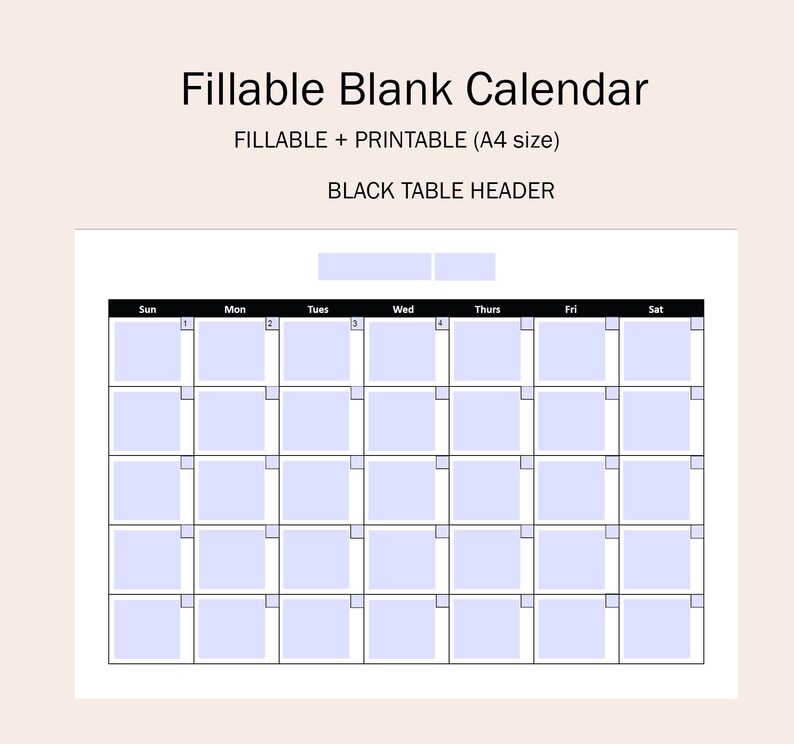 Fillable Editable Blank Monthly Calendar Printable, Landscape Layout ...