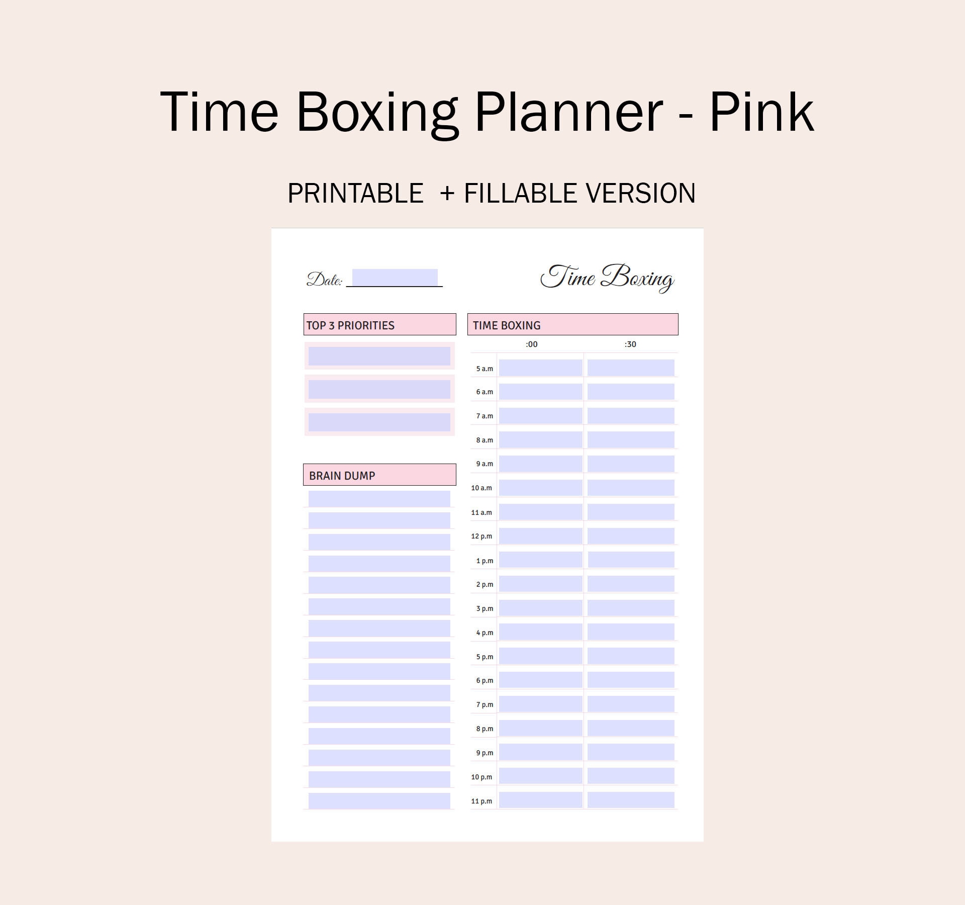 Pink Fillable Time Boxing or Blocking Digital Planner, Printable ...