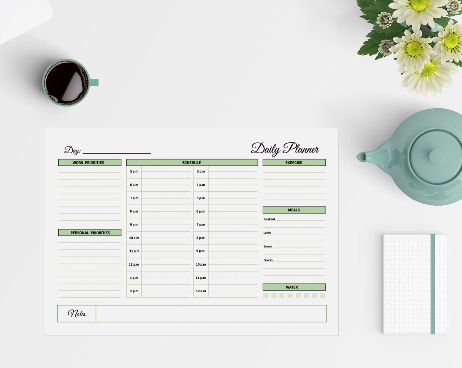 Green Daily, Weekly, Monthly Planner, Printable, Fillable, Blank Sunday ...