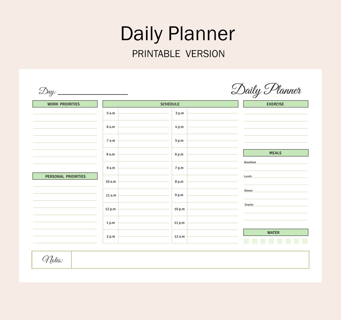 Green Daily, Weekly, Monthly Planner, Printable, Fillable, Blank Sunday ...