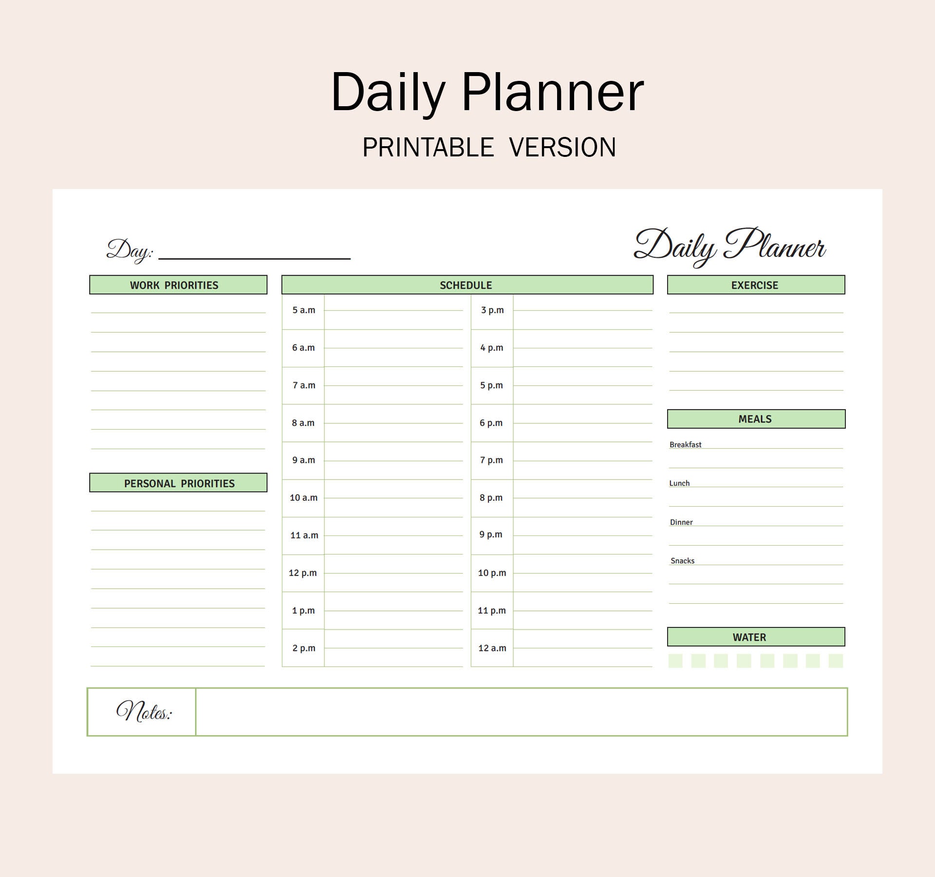 Green Daily, Weekly, Monthly Planner, Printable, Fillable, Blank Sunday ...