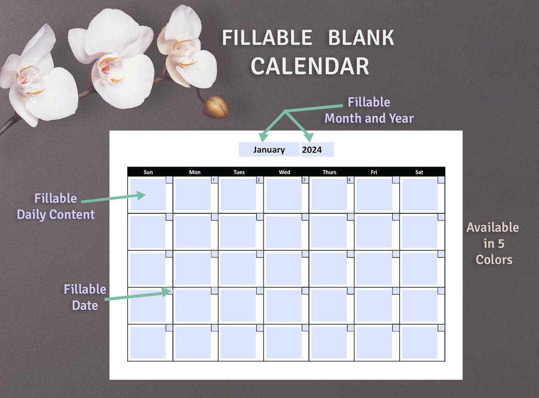 Fillable Editable Blank Monthly Calendar Printable, Landscape Layout ...